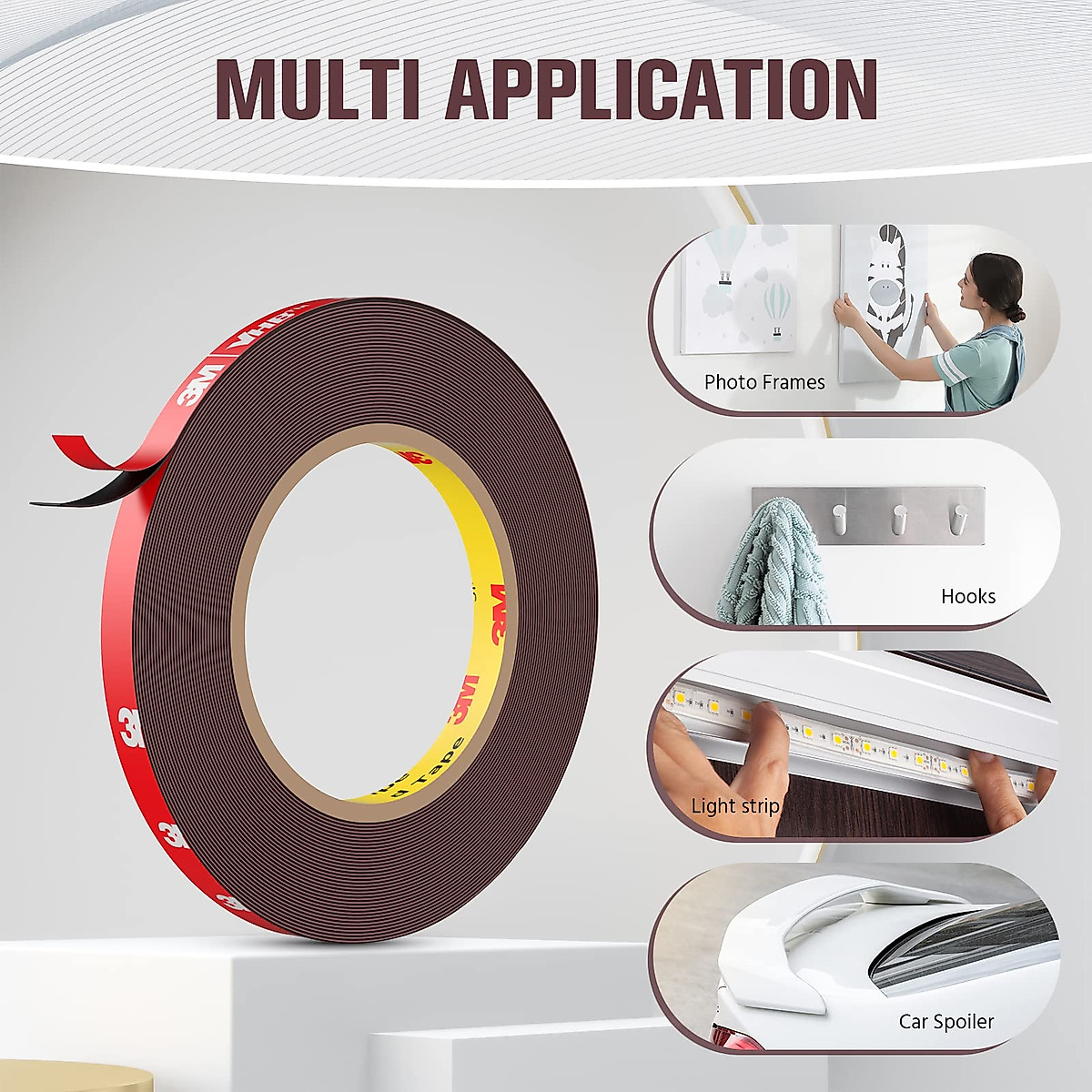 Double Sided Tape, Heavy Duty Mounting Tape Waterproof Foam Tape, 33FT Length, 0.39IN Width for LED Strip Lights, Home Decor, Office Decor, Made of 3M VHB Tape