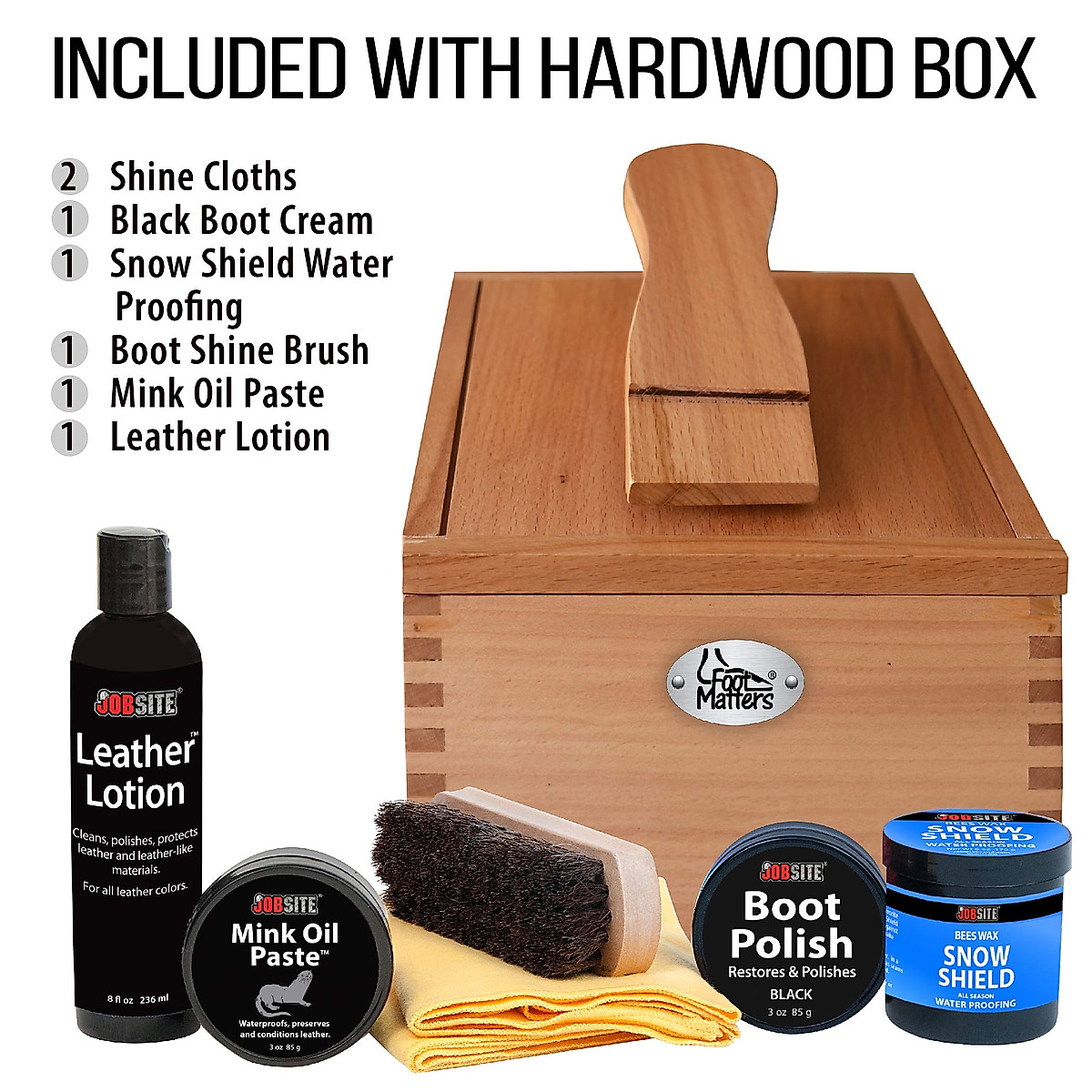 FOOTMATTERS Professional Shoe Shine Valet Kit - Includes Hardwood Boot & Shoe Care Box, Horsehair Brush, Mink Oil, Waterproof, Polish, Leather Lotion