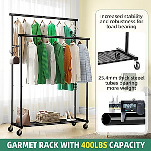 Ekisemio Double Rod Clothing Garment Rack on Wheels, 45 Inches Clothes Rack with Mesh Bottom Shelf for Hanging Clothes, Heavy Duty Metal Maximum Capacity 400 lb, Black