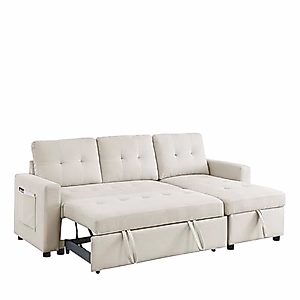 Reversible Sectional Sofa with Pull-Out Sleeper Bed, L-Shape 3-Seater Convertible Corner Sofa&Couches with Storage Chaise and Side Pockets ,Button Tufted Upholstery Couch for Living Room Furniture