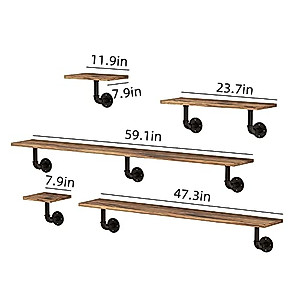 59 Inches Long Farmhouse Industrial Large Floating Reclaimed Wood Shelves for Wall Decor Set of 5 Hanging Storage Pipe Shelf Rustic Wood Wall Shelves for Bathroom, Living Room, Kitchen, Laundry Room