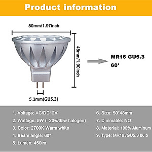 ALIDE MR16 Led Bulbs 60° 60 Degree Wide Beam Angle,5W Replace 20W 35W Halogen,2700K Soft Warm White,Low Voltage 12volt MR16 GU5.3 Bulb Spotlights for Track Recessed Landscape Lighting,450lm,6 Pack