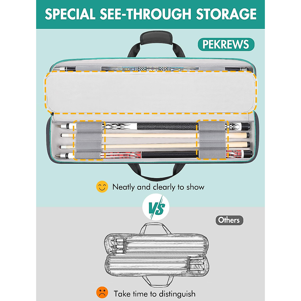 PEKREWS Pool Cue Case 4x4 Pool Stick Bag with Backpack Straps Soft Billiard Cue Carrying Case with Shoulder Strap, Billiard Stick Case Holds 4 Butts 4 Shafts and Billiards Accessories, Black