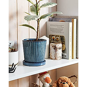 LE TAUCI Plant Pots, 5.5 Inch Pots for Indoor Plants, Planters with Drainage Hole and Saucer for Home or Office, Flower Pots for Succulent, Snake Plants and Cactus, Set of 2, Reactive Glaze Blue