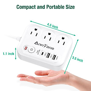 Power Strip Surge Protector with USB-C (3.0A), 5 ft Flat Extension Cord, Power Strip with 3 Outlets 3 USB Ports (5V/3.4A), Desktop Charging Station, Compact for Home,Travel,Office(White 1 Pack)