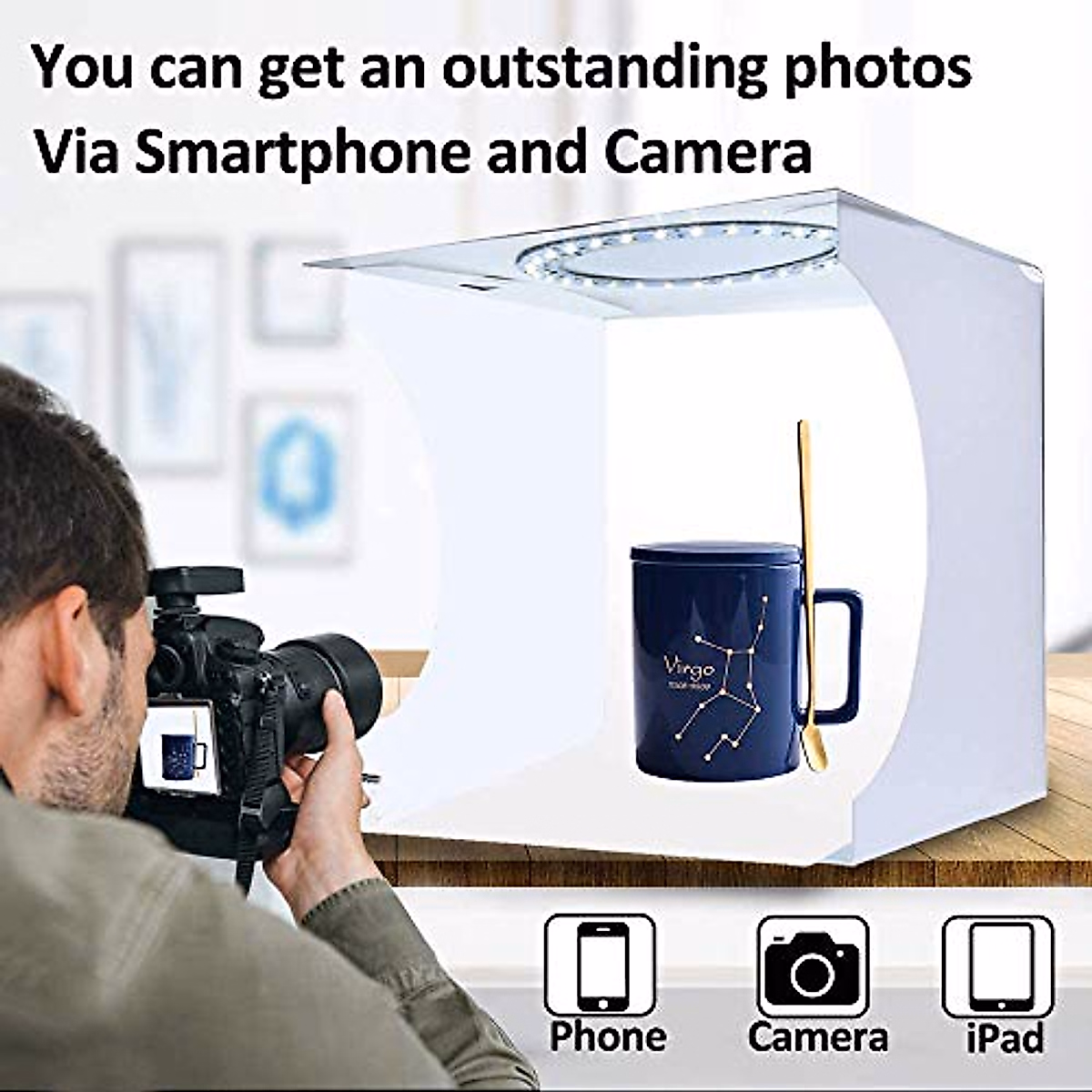 DUCLUS Adjustable Light Photo Studio Box, Mini Photo Light Box, Portable Photography Lighting softbox 6 Color Backdrop kit with Ring White Light 6500K Warm Light 3200K 24cm x 23cm x 23cm