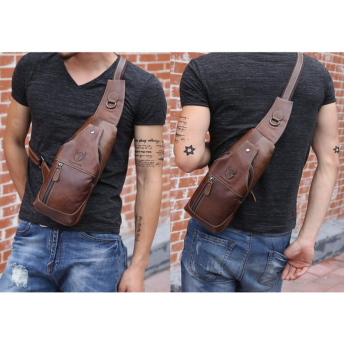 BULLCAPTAIN Genuine Leather Men Bags Shoulder Sling Crossbody Bag Casual Mens Chest Bag Travel Hiking Backpack(Brown)