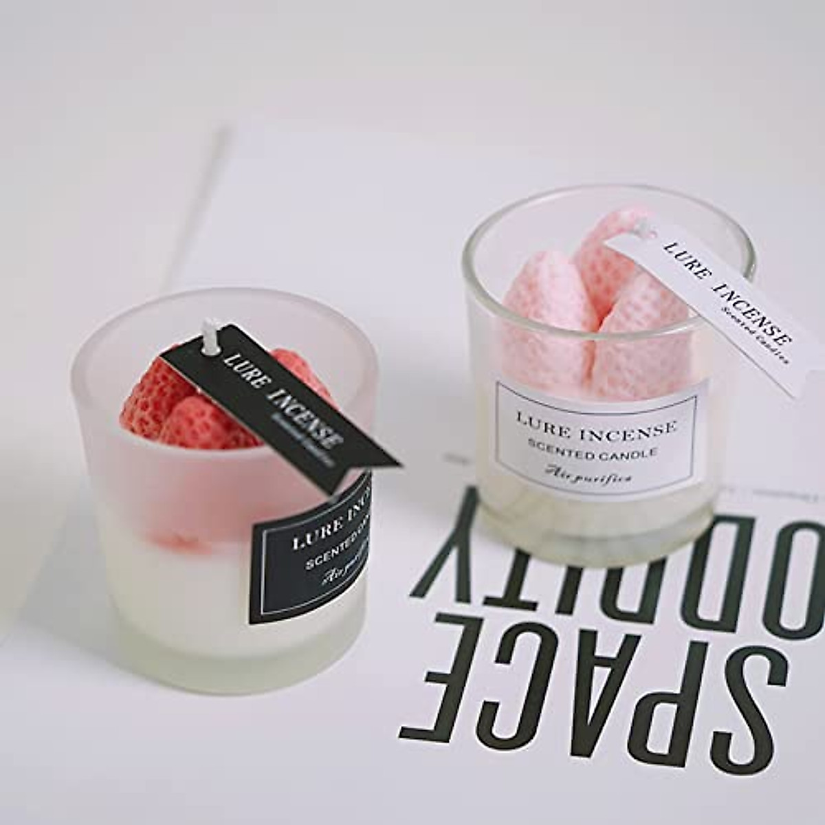Scented Candle Strawberry Shape,120G Aroma Decorative Candle Gift in Glass Jar 12 Hours,Handmade Soy Wax Candle for Table Photo Prop Birthday,Prefect for Meditation Stress Relief Mood Boosting Bath