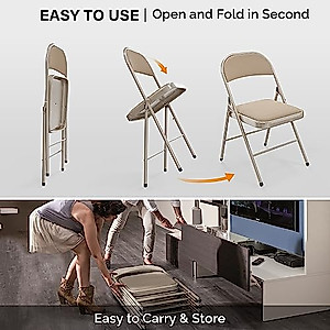 VINGLI Folding Chairs with Padded Seats, Metal Frame with Fabric Seat & Back, Capacity 350 lbs, Khaki, Set of 4
