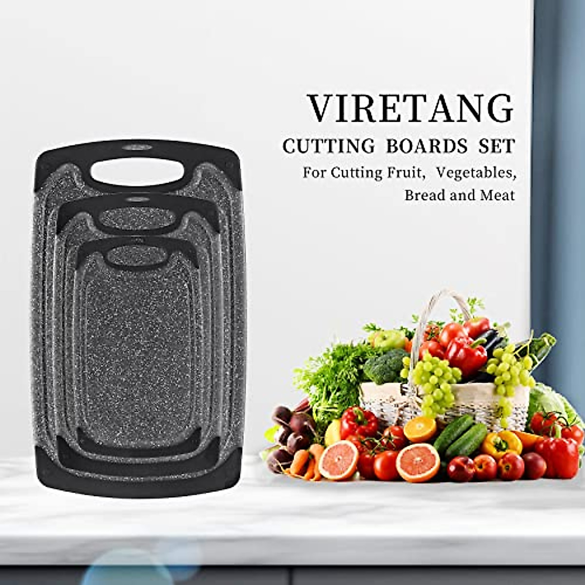 Cutting Board, Lccowot 3PCS Plastic Cutting Boards With Non-Slip Feet and Deep Drip Juice Groove, Easy Grip Handle Chopping Board for Meat, Veggies, Fruits, BPA Free, Dishwasher safe