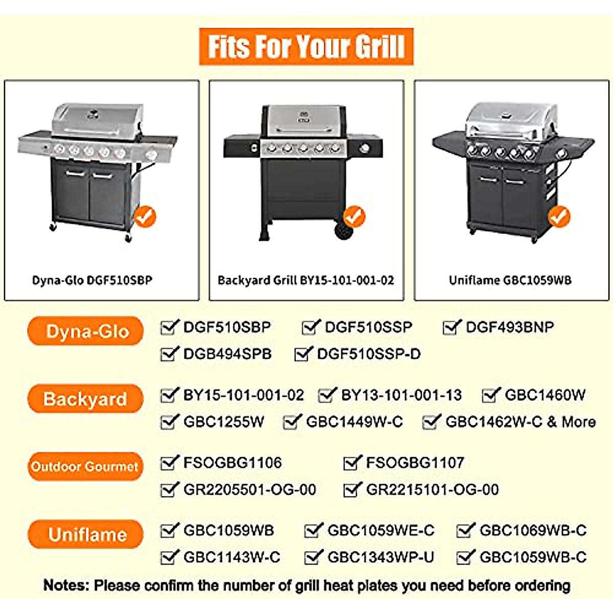 Uniflasy Porcelain Steel Grill Heat Plate Shield Burner Cover for Dyna-Glo DGF493BNP DGF510SBP DGF510SSP, Backyard BY13-101-001-13, BY14-101-001-02, BY15-101-001-02 Uniflame GBC1059WB 15 Inch (5 Pack)