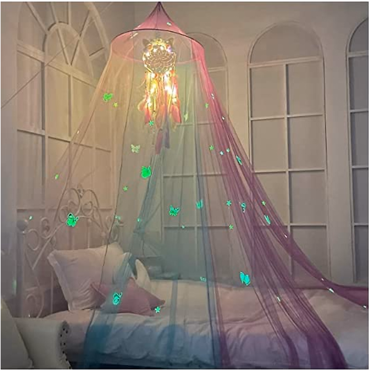 Kenyon Creek Rainbow Princess Bed Canopy with Lights for Girls Room, Unicorn Dream Catcher