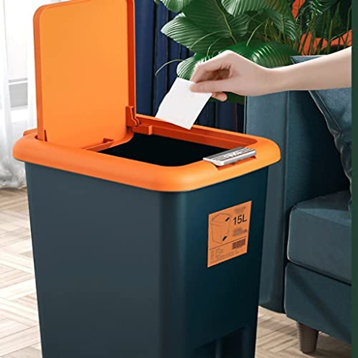 Trash bin Step-On Pedal Trash Can，Rectangular Spring Top Garbage Can with Lid，Large Plastic Garbage Bin for Bathroom Living Room Kitchen Reusable (Color : Orange)