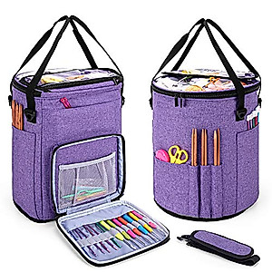 Teamoy Knitting Tote Bag, Yarn Storage Crochet Bag Organizer for Knitting Needles, Yarn, Unfinished Projects, Crochet Hooks, and Other Supplies, Purple