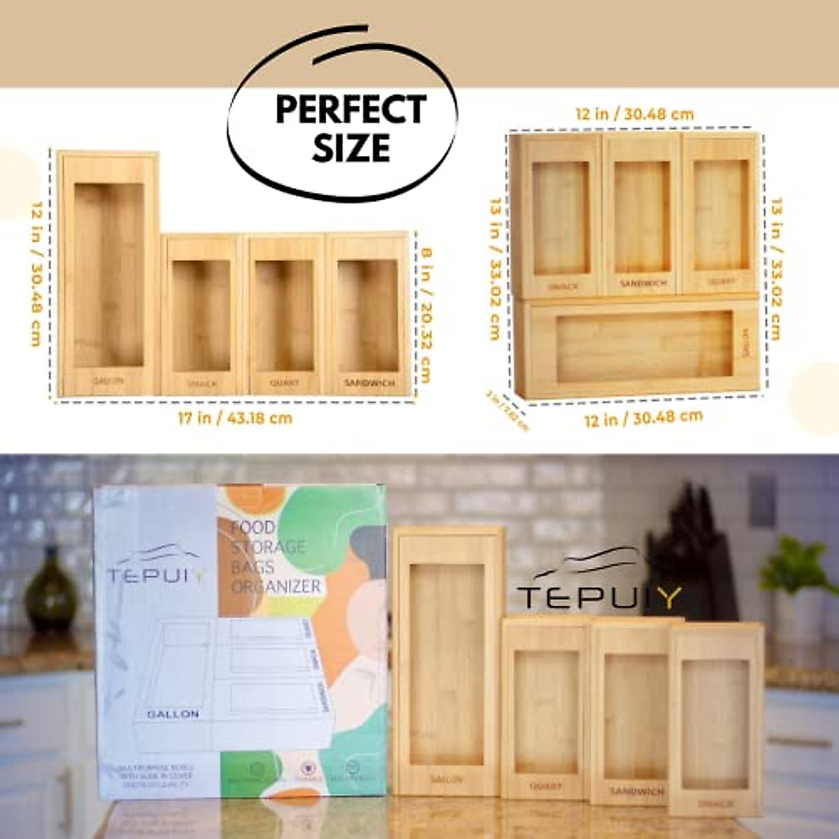 TEPUIY Ziplock Bag Storage Organizer - Multi Use Bamboo Storage Bag Organizer for Drawer - Food Storage Bag Holder Compatible with Ziplock, Ikea, Glad, Hefty (4 pieces set).