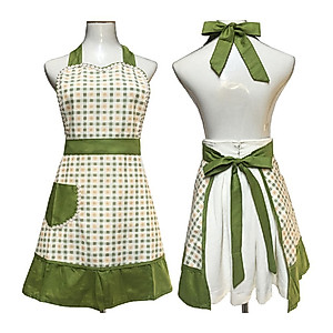 Cute Lovely Unique Design Women Girls Ladies Retro Apron with Chic Pocket for Cooking Kitchen, Green