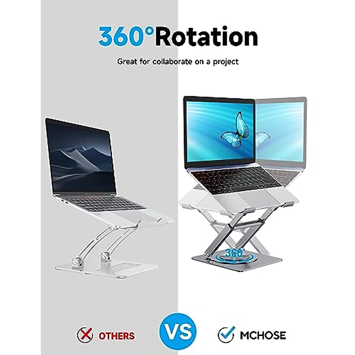 MCHOSE Laptop Stand for Desk, 360°Swivel Base Standing Desk Converter, Adjustable Height from 2" to 23" Tall, Standing or Sitting Desk Riser Compatible with All Laptops 10-16",Silver