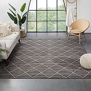 Well Woven Non-Slip Rubber Back (5' x 7') Diamond Lattice Print Grey Thin Pile Machine Washable Indoor Outdoor Area Rug