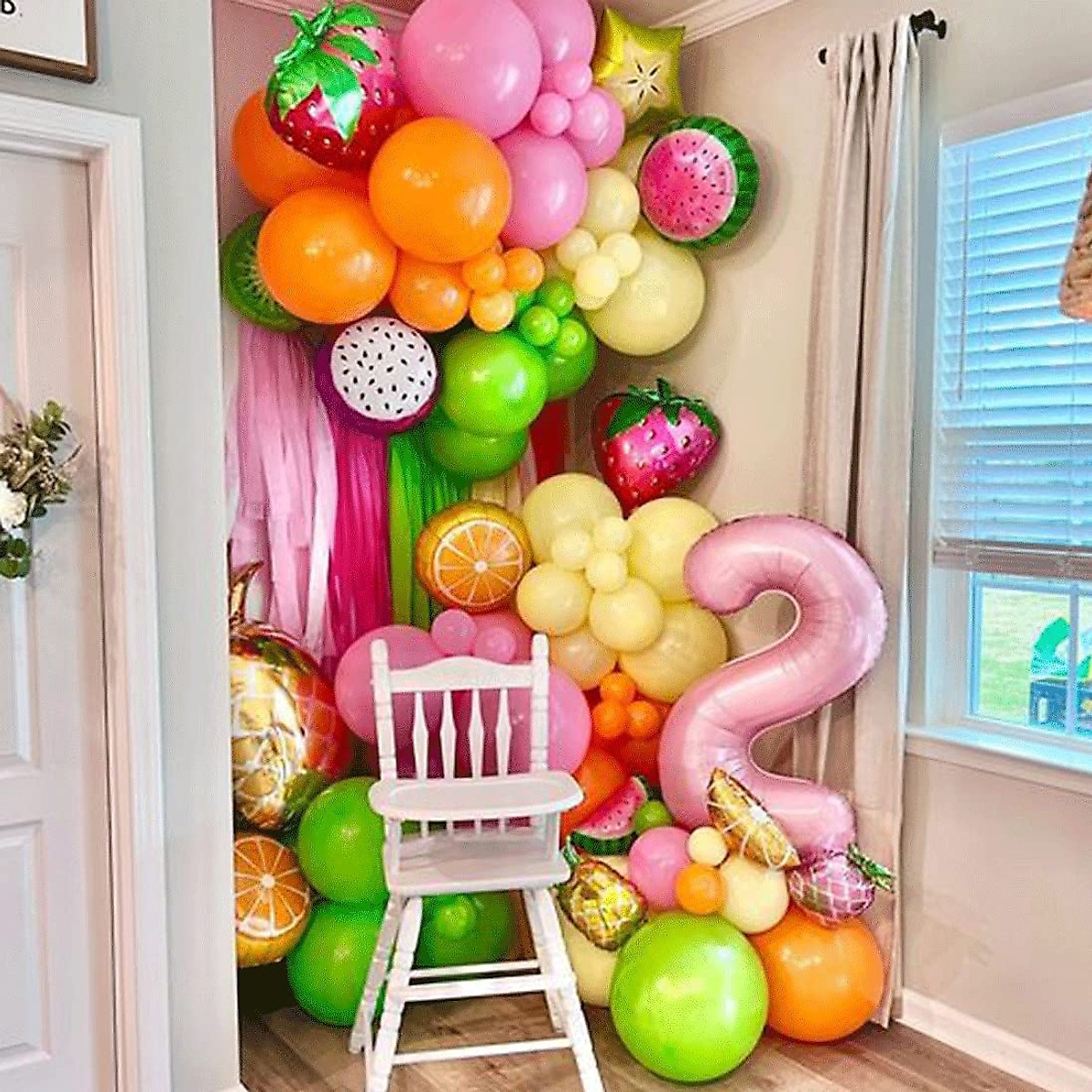 Fruit Balloon Garland Arch Kit Pink Rose Red Yellow Green Orange Balloons with Watermelon strawberry Pineapple Lemon Orange Foil Balloons for Twotti Fruity Party Decorations Sweet Birthday Party
