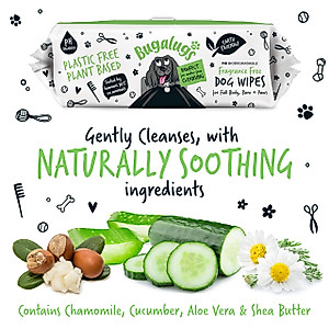 BUGALUGS Dog Wipes, 100% Plastic Free Biodegradable pet Wipes for Full Body, Eye Wipes, Ear Wipes, Bum & Paws. 110 Sensitive Dog Grooming Wipes for Dogs, Puppy & cat Grooming (Fragrance Free)