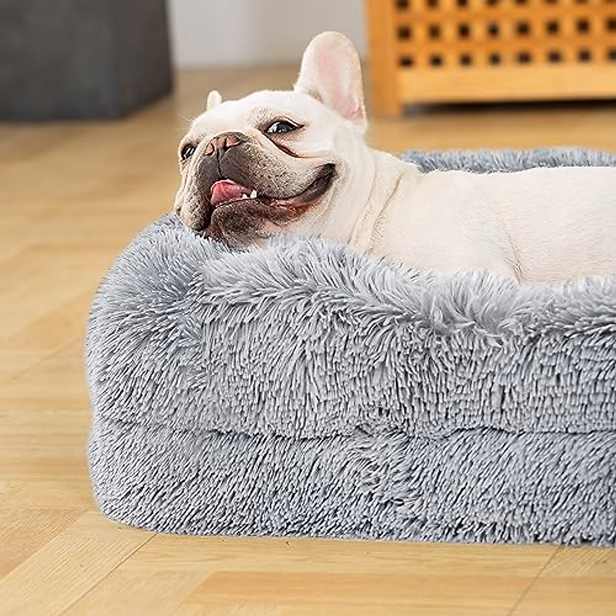 2 in 1 Calming Dog Beds for Medium Dogs, Dual Layer Orthopedic Egg Crate Foam & Memory Foam Faux Fur Shag Pet Mattress Warming Rectangle Cuddle Bed Comfy Anti Anxiety, Anti-Slip Washable Cover