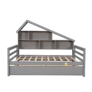 Full Size Platform Bed with Bookcase Headboard, Full Bed Frame with Trundle and Storage Shelves Wood Daybed Captain Beds with Slats Support for Kids Boys Girls Teens, Gray