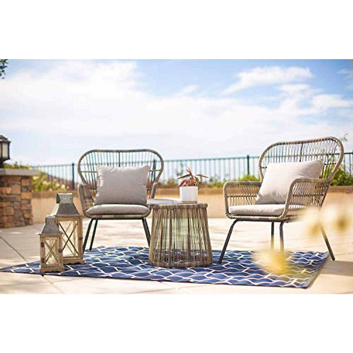 Barton 3 Pieces Bistro Chair Set w/Glass Table Grey Outdoor Patio Furniture Wicker Rattan Modern Conversation Chat Seating