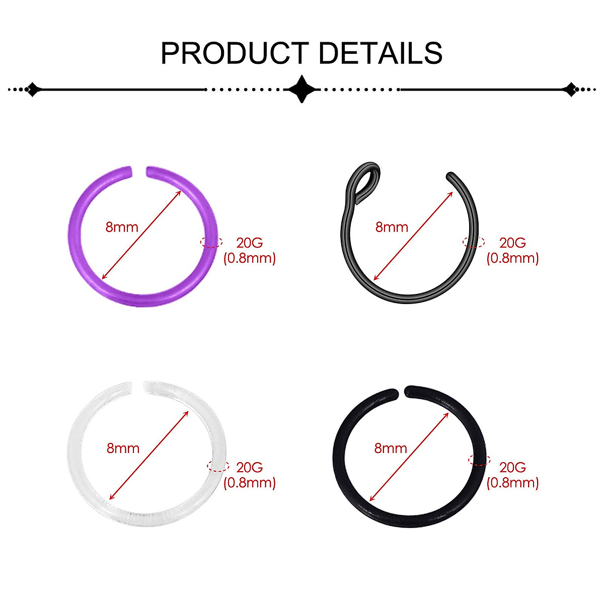 Stuppendux 46pc 20G 0.8MM Black Stainless Steel&Acrylic Nose Rings Hoop Nose Piercing Jewelry Nostril Jewelry for Women Men