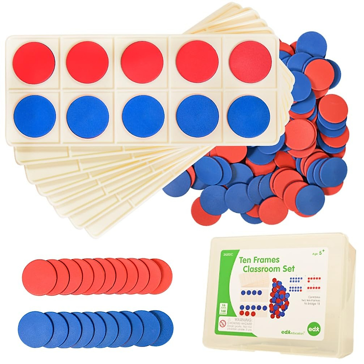 edxeducation Ten Frame Classroom Set - Math Manipulatives for Kids - 16 Plastic Ten Frames - 160 Counters - Classroom Math Supplies