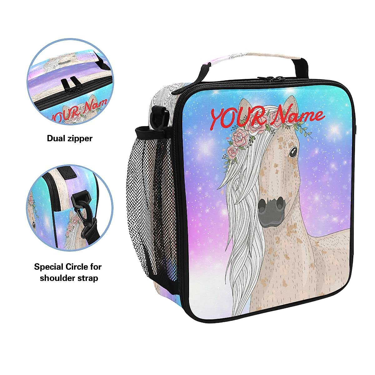 Personalized Name Lunch Boxes for Kids Girls Galxy Customized School Lunchbox Bag Insulated with Shoulder Strap,Galaxy Horse,Lb113