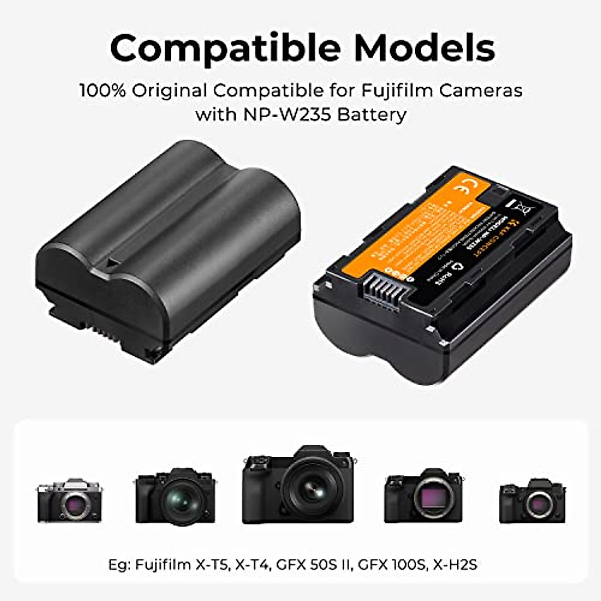 K&F Concept 2200mAh NP-W235 Battery and Charger for Fujifilm X-T5, X-S20, X-H2, X-H2S, GFX 100S, GFX 50S II, X-T4, 2 Pack Battery