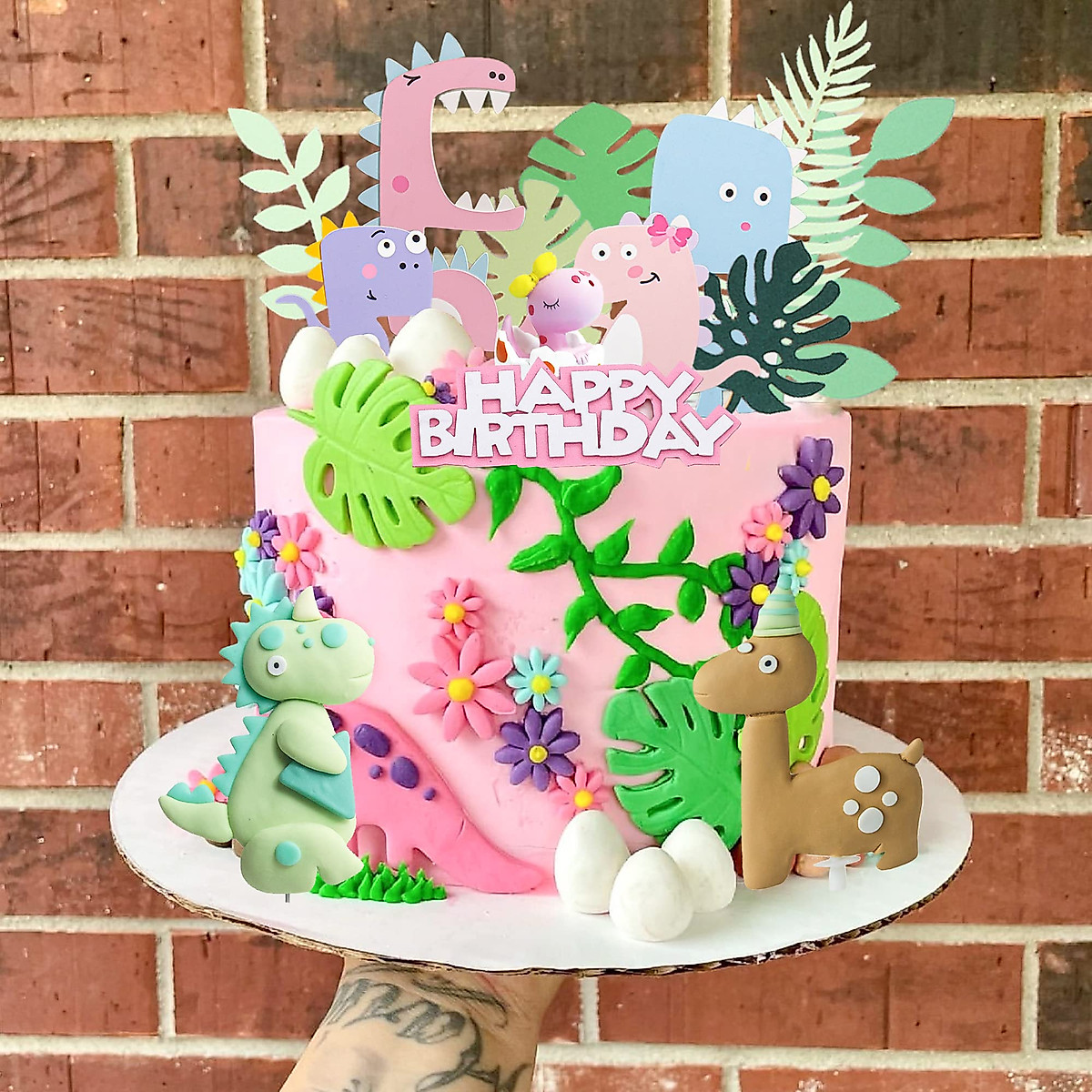 GallaRato Little Dino Birthday Cake Decoration Dinosaur Egg Cake Topper Little Dinosaur Birthday Party Supplies Dinosaur Cake Decoration Three Rex Cake Decoration (Pink)