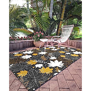 Autumn Maple Leaves Large Rectangular Area Rugs 5' x 7' Living Room, Yellow White Gold Leaf Black Backdrop Durable Non Slip Rug Carpet Floor Mat for Bedroom Bedside Outdoor