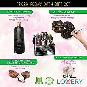 Valentines Day Home Spa Gift Basket, 8pc Bath & Body Set For Women and Men, Fresh Peony Scent - Contains Shower Gel, Bubble Bath, Lotion, Bath Salt, Body Scrub, Bath Soap, Back Scrubber & Cosmetic Bag