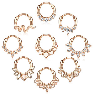 Ubjuliwa 9Pcs Septum Jewelry 16G Daith Earrings Hinged Hoop Nose Rings 316L Stainless Steel Septum Clicker CZ Rings for Women Rose Gold Cartilage Helix Tragus Rook Hoop Daith Earrings 8MM Style B