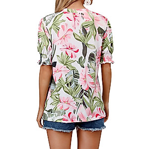 ZXZY Women Ruffle Short Sleeve Pleated V Neck Floral Print Hawaiian Shirts Blouse Tops