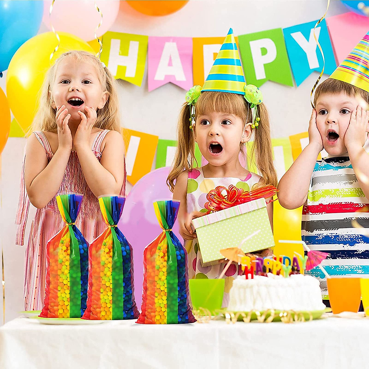 Lecpeting 100 Pcs Rainbow Treat Bags Rainbow Stripes Print Cellophane Candy Bags Plastic Goodie Storage Bags Birthday Party Favor Bags with Twist Ties for Baby Shower Birthday Party Supplies