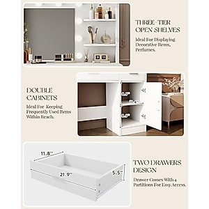 LIVELYGLOW Vanity Desk with Mirror and Lights, Makeup Vanity with Drawer & Storage Shelves, Cabinet, 3 Lighting Modes Adjustable Brightness, Bedroom Dressing Table, White