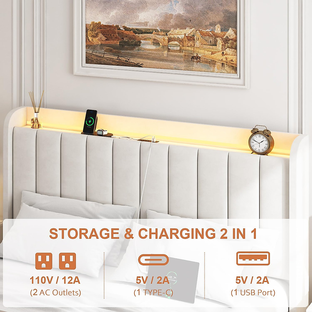 TIGUBFRE Full Size Bed Frame with Storage Headboard, Upholstered Platform Bed Frame with LED Lights, Drawers, Charging Station, Wood Slats Support, No Box Spring Needed, Beige