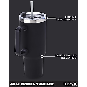 Hurley Tumbler Thermos - 40oz Double Wall Vacuum Insulated Travel Mug with Handle - BPA Free Stainless Steel Water Bottle - Leak Proof Hot and Cold Coffee Car Cup, Size 40 Ounces, Black Solid Rubber