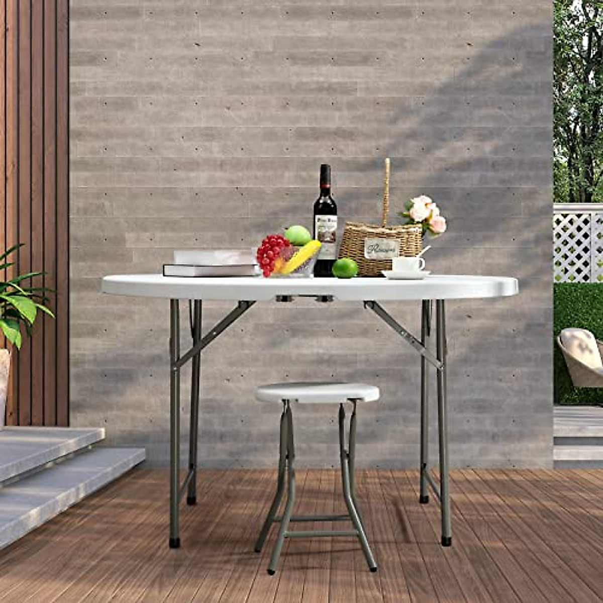 ALIMORDEN 4ft Round Bi-Folding Camp Picnic Table, 48" Portable Plastic Dining Table, Event Commercial Table, Indoor&Outdoor Heavy Duty Trestle Table for Wedding, Party, Garden, Patio, White Granite