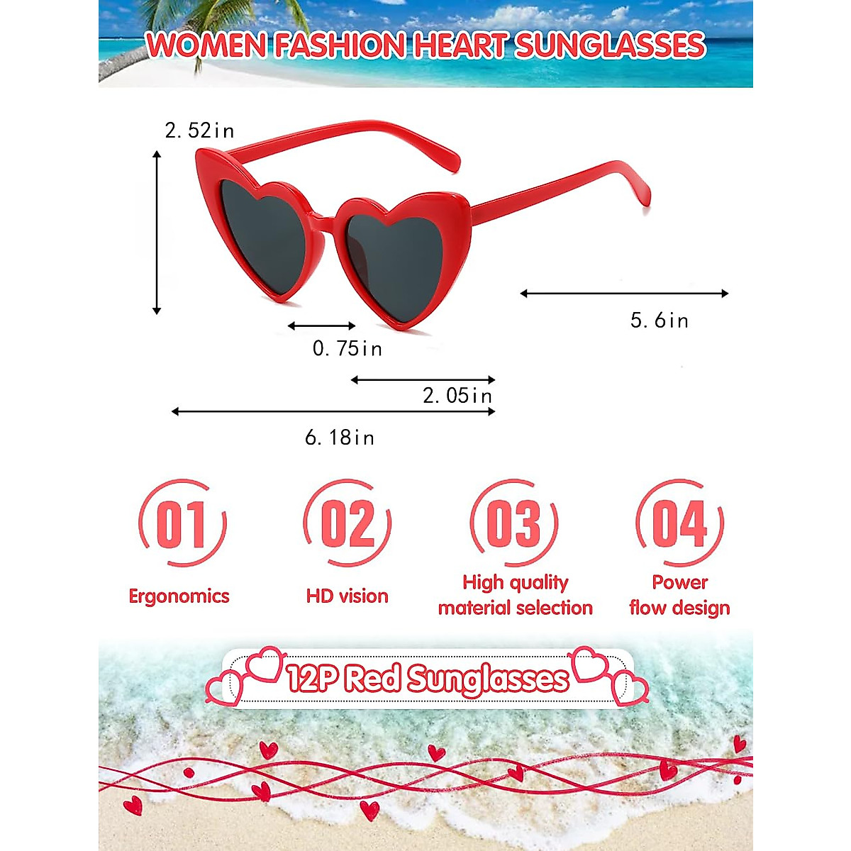 LOHO MAGICA Women Fashion Heart Sunglasses 12 Pack Heart Shaped Sunglasses for Women Vintage Love Cat Eye Retro Glasses（Red）