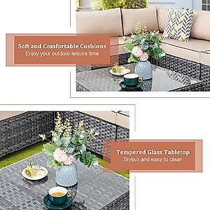 Walsunny Patio Furniture Set, 5 Pieces Outdoor Sectional Sofa Wicker Conversation Sets with Tea Table and Patio Couch Cushions(Khaki)