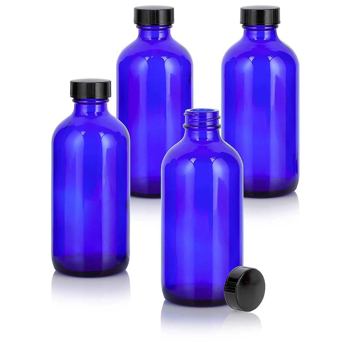JUVITUS 8 oz Cobalt Blue Glass Boston Round Bottle with Black Phenolic Cone Lined Caps (4 Pack)