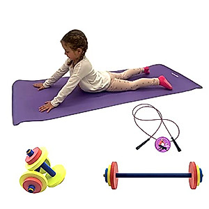 Fun & Fitness for Kids® Complete Fitness Set, Dumbbells, Barbell Set, Foam Yoga Mat, Adjustable Jump Rope, Jump Rope Trainer Video