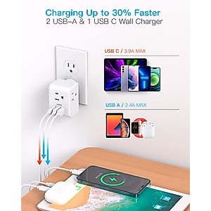 Multi Plug Outlet Extender, Power Strip Non Surge Protector Electric Outlet Splitter with 3 USB Wall Charger (1 USB C), Multiple Outlet Expander for Cruise, Dorm, Travel, Home, Office