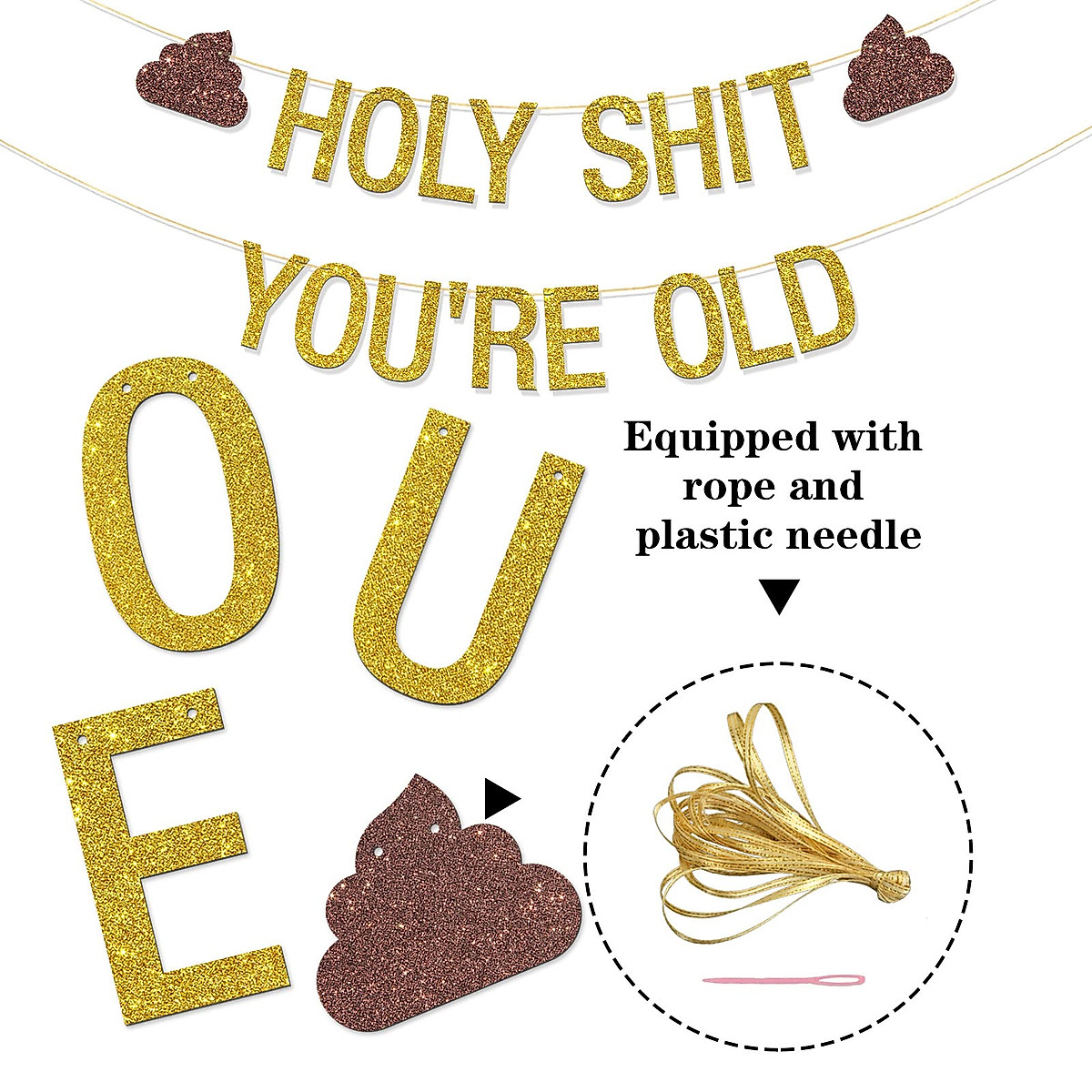 RoadSea Holy Shit You're Old Banner - Funny Birthday Party Garland Supplies for Adult - 30th 40th 50th 60th 70th 80th Birthday Party Decorations - Gold Glitter