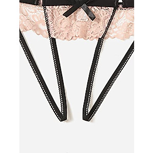 SOLY HUX Women's 2 Piece Lingerie Set Floral Lace Sexy Sheer Mesh Embroidered Garter Babydoll Wireless Bra and Panty Sets Baby Pink M