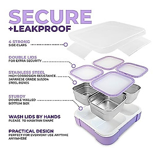 Stainless Steel Bento Lunch Box for Adults Kids with Ice Pack Insulated Lunch Bag, Leak-Proof Snack Boxes, Metal and Plastic Portion Control School Lunch Containers, 4 Compartments, 36 oz Lilac Purple