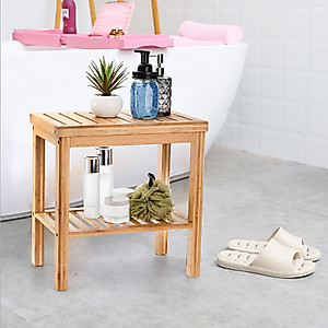 SOUJOY Bamboo Shower Bench, Bath Seat Stool, Spa Foot Rest Shaving Stool, Storage Shelf for Shampoo Towel, Works in Inside Bathroom, Living Room, Bedroom, Garden Leisure